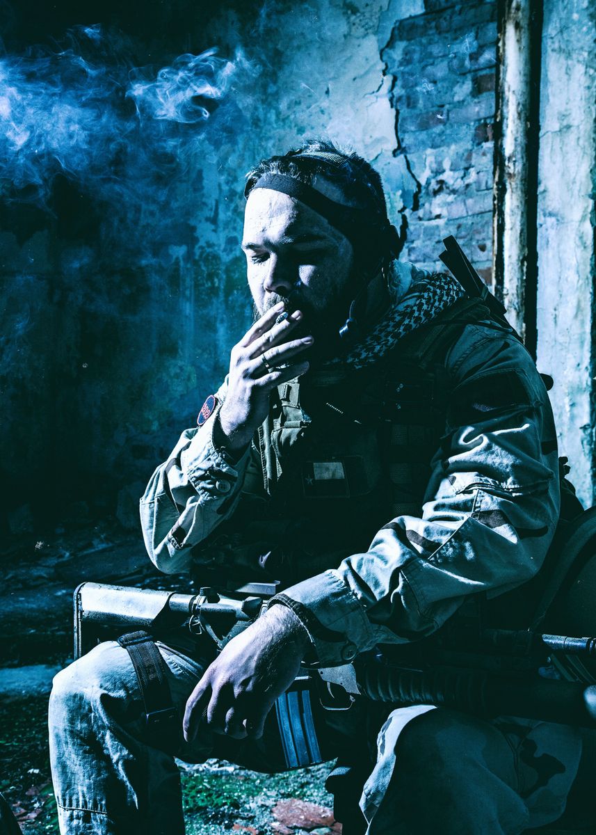 'Tired soldier smoking' Poster, picture, metal print, paint by ...