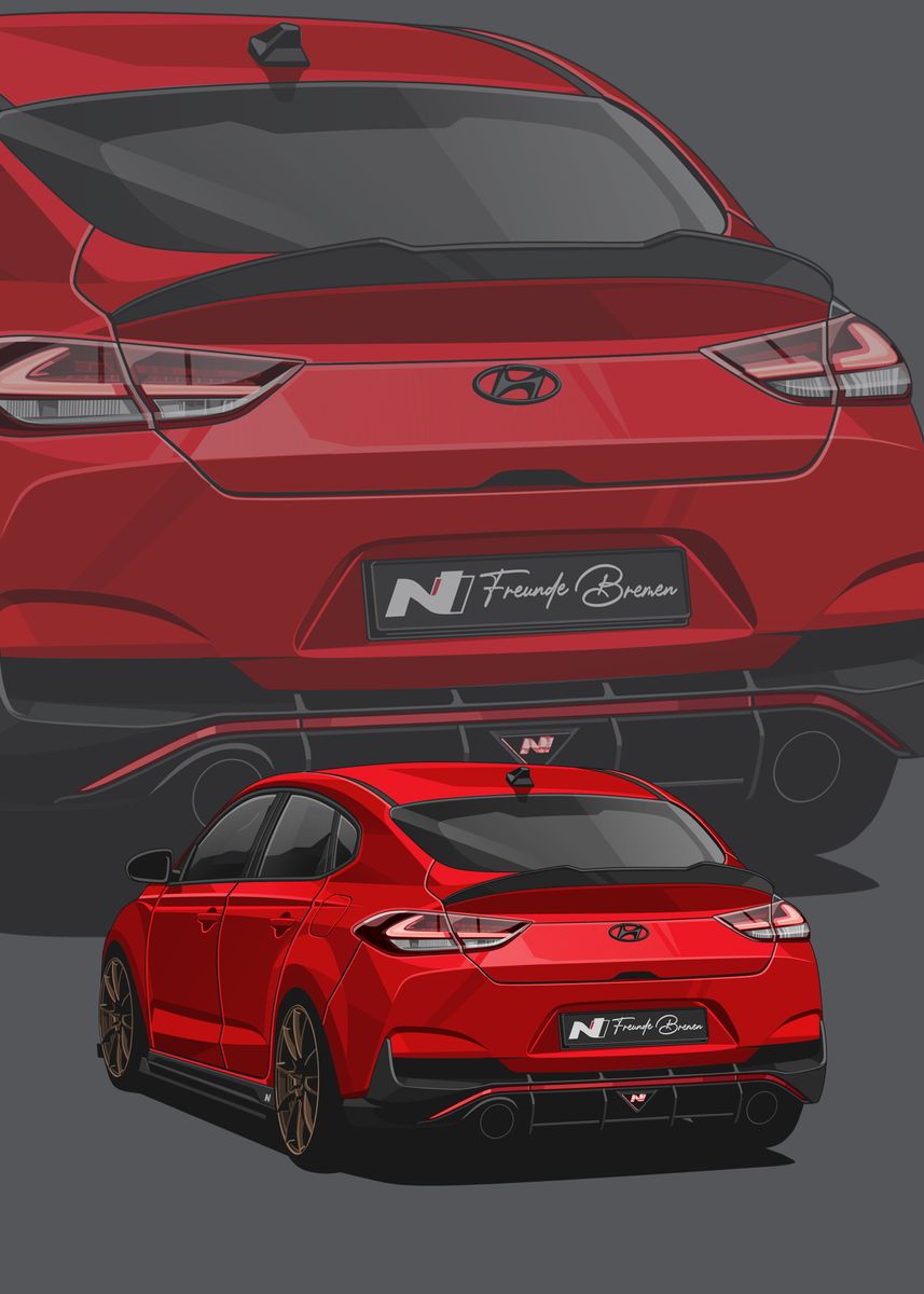 'HYUNDAI I30N FASTBACK RED' Poster, picture, metal print, paint by ...