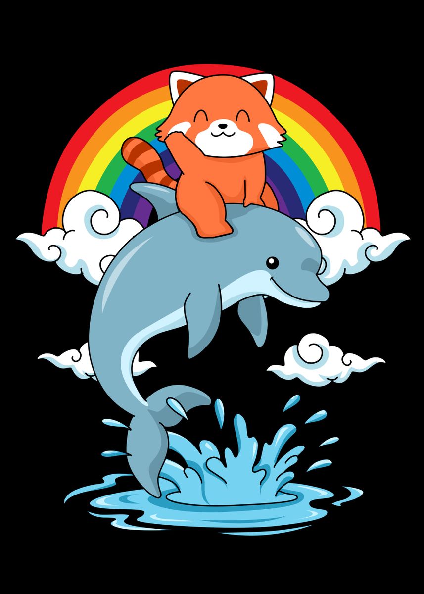 'Red Panda Rainbow Dolphin' Poster, picture, metal print, paint by ...