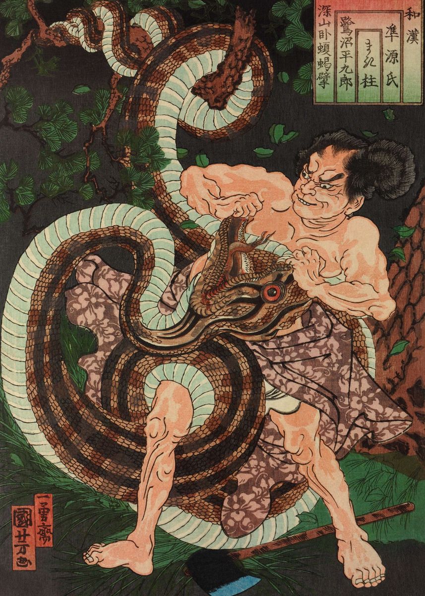 'Samurai Strangling Snake' Poster, picture, metal print, paint by Makanaki | Displate