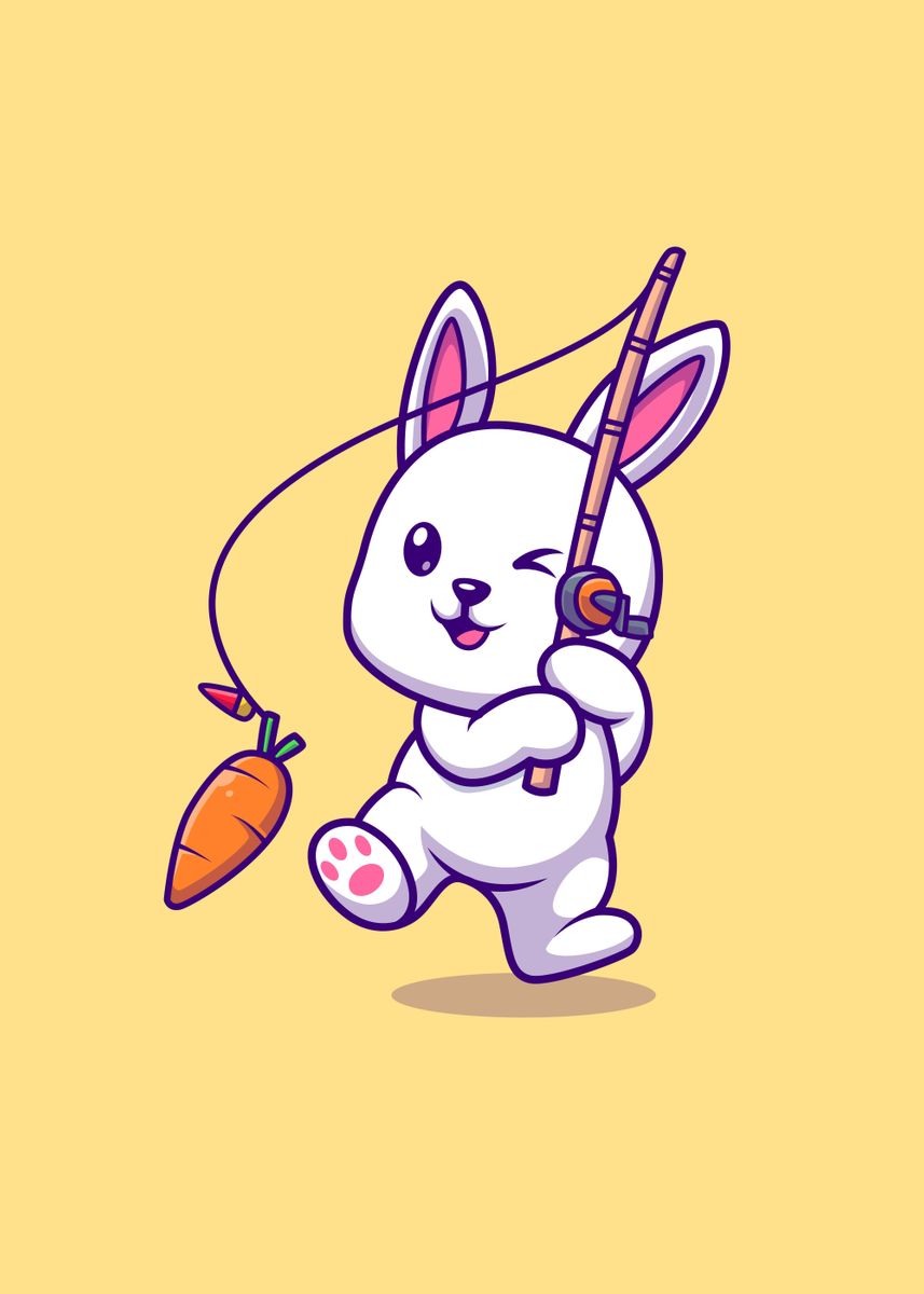 'Cute rabbit fishing carrot' Poster, picture, metal print, paint by ...