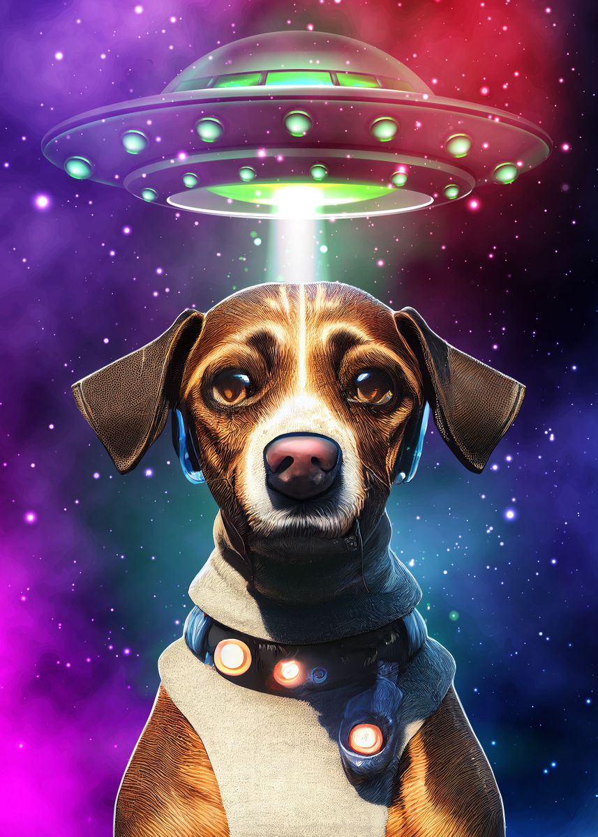 'Space dog alien ship star' Poster, picture, metal print, paint by ...