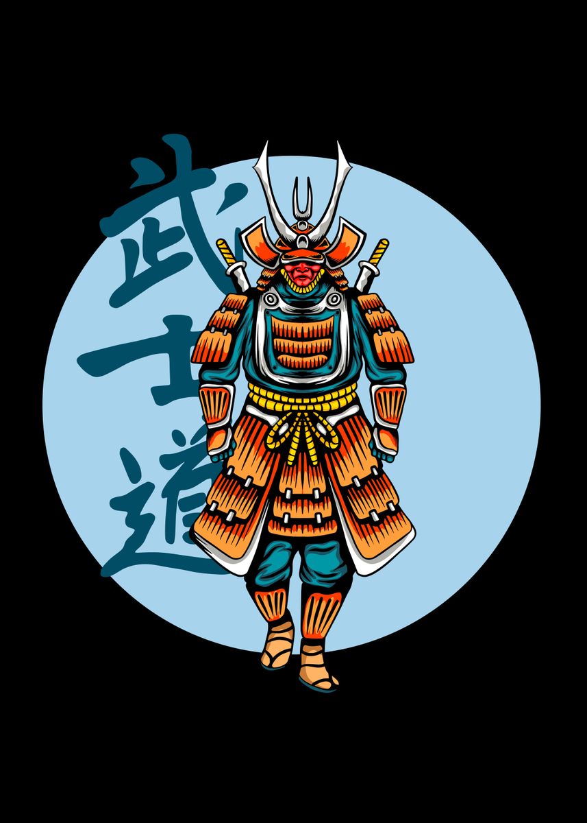 'japanese samurai moon blue' Poster, picture, metal print, paint by ...