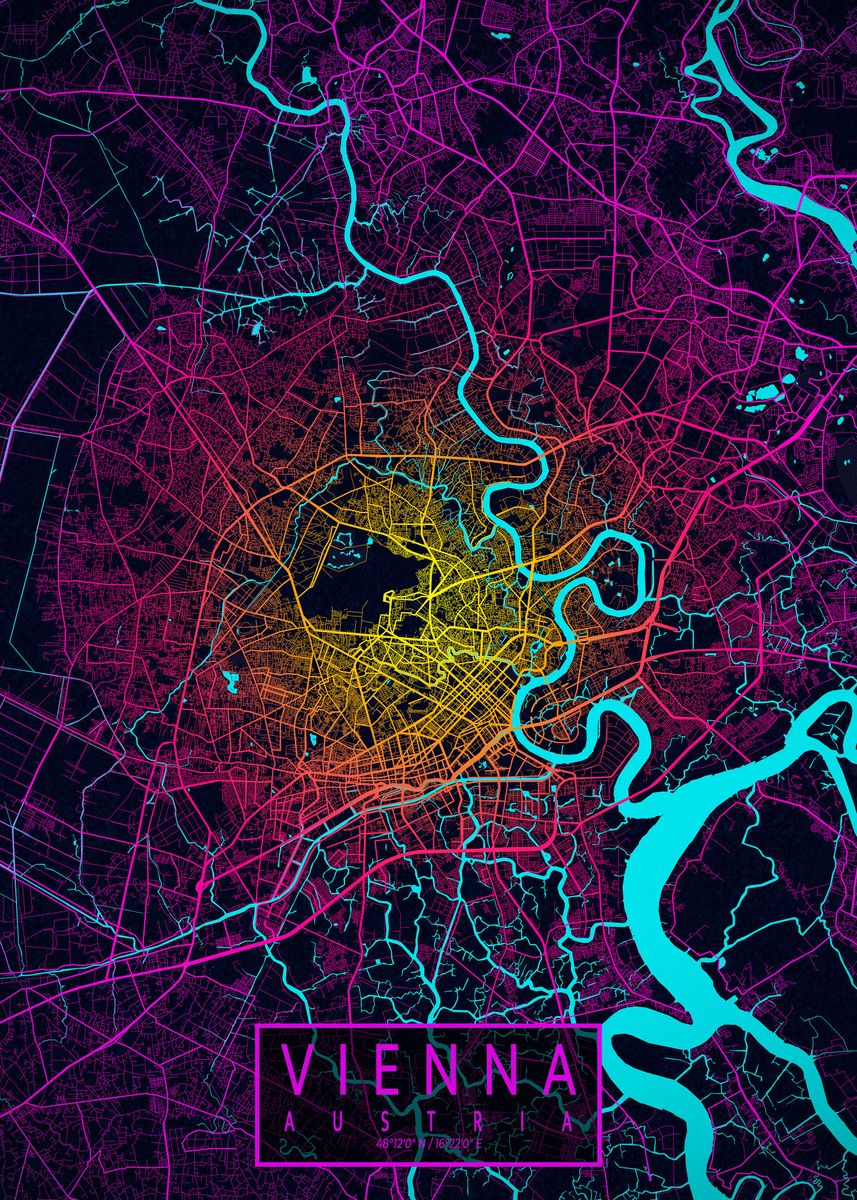 'Vienna City Map Neon' Poster by deMAP Studio | Displate