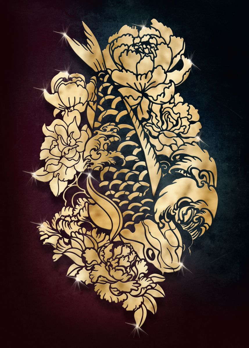 'Gold Koi Fish Roses Tattoo' Poster, picture, metal print, paint by ...