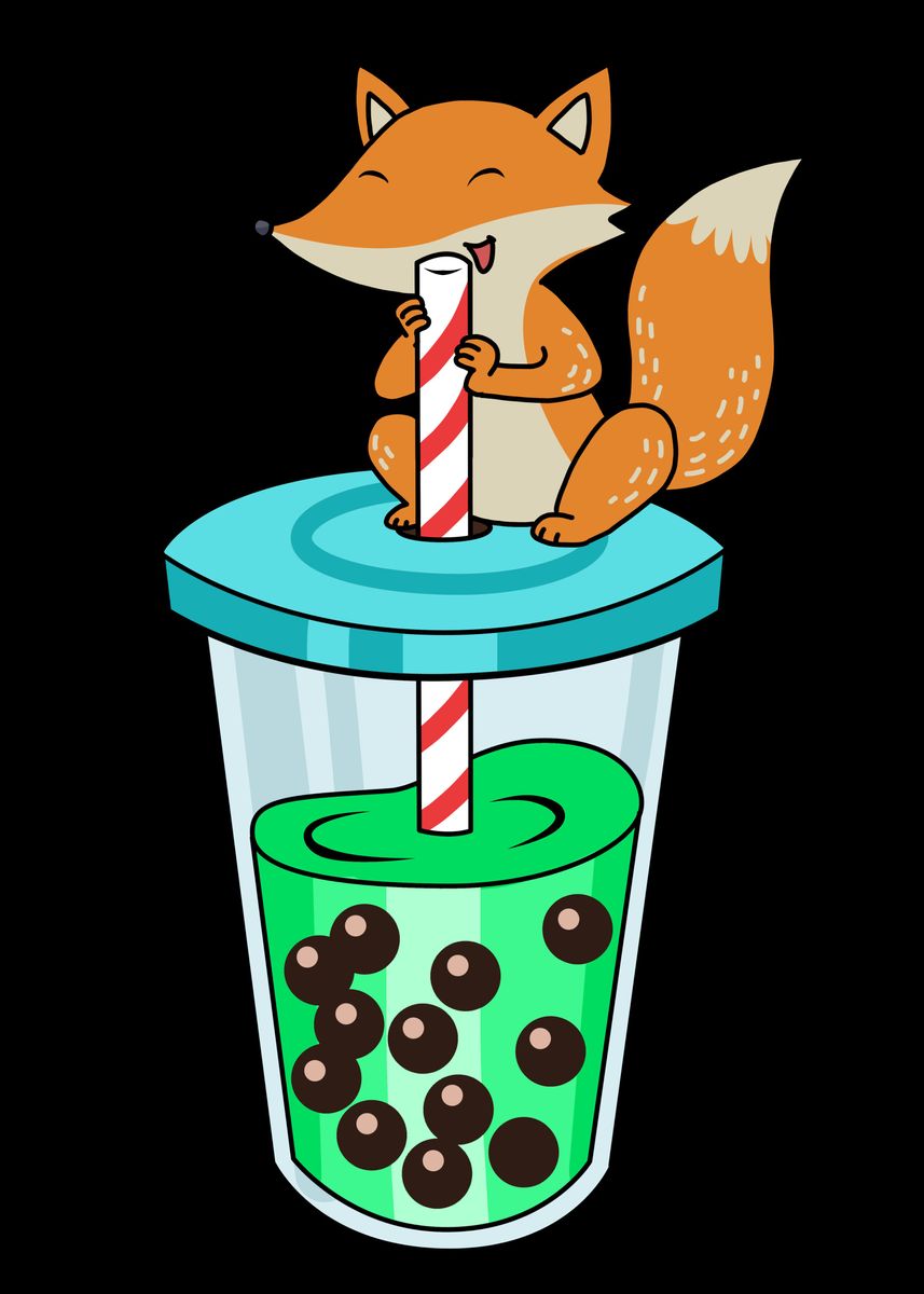 'Green Bubble Tea Gift Fox' Poster, picture, metal print, paint by ...