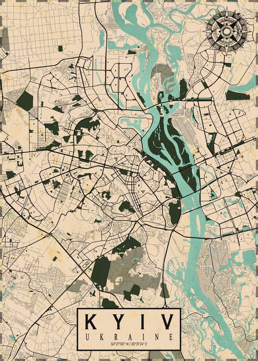 'Kyiv City Map Vintage' Poster, picture, metal print, paint by deMAP ...