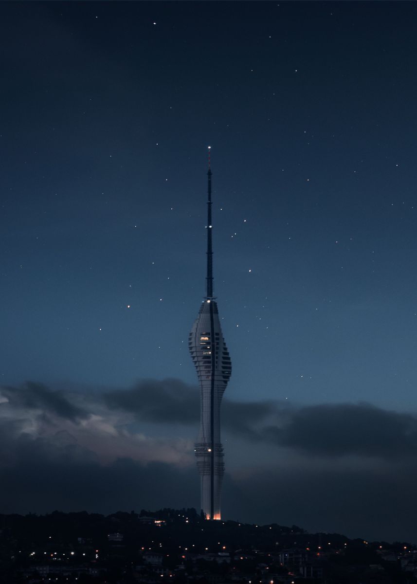 'Skyscraper Tower At Night' Poster, picture, metal print, paint by ...