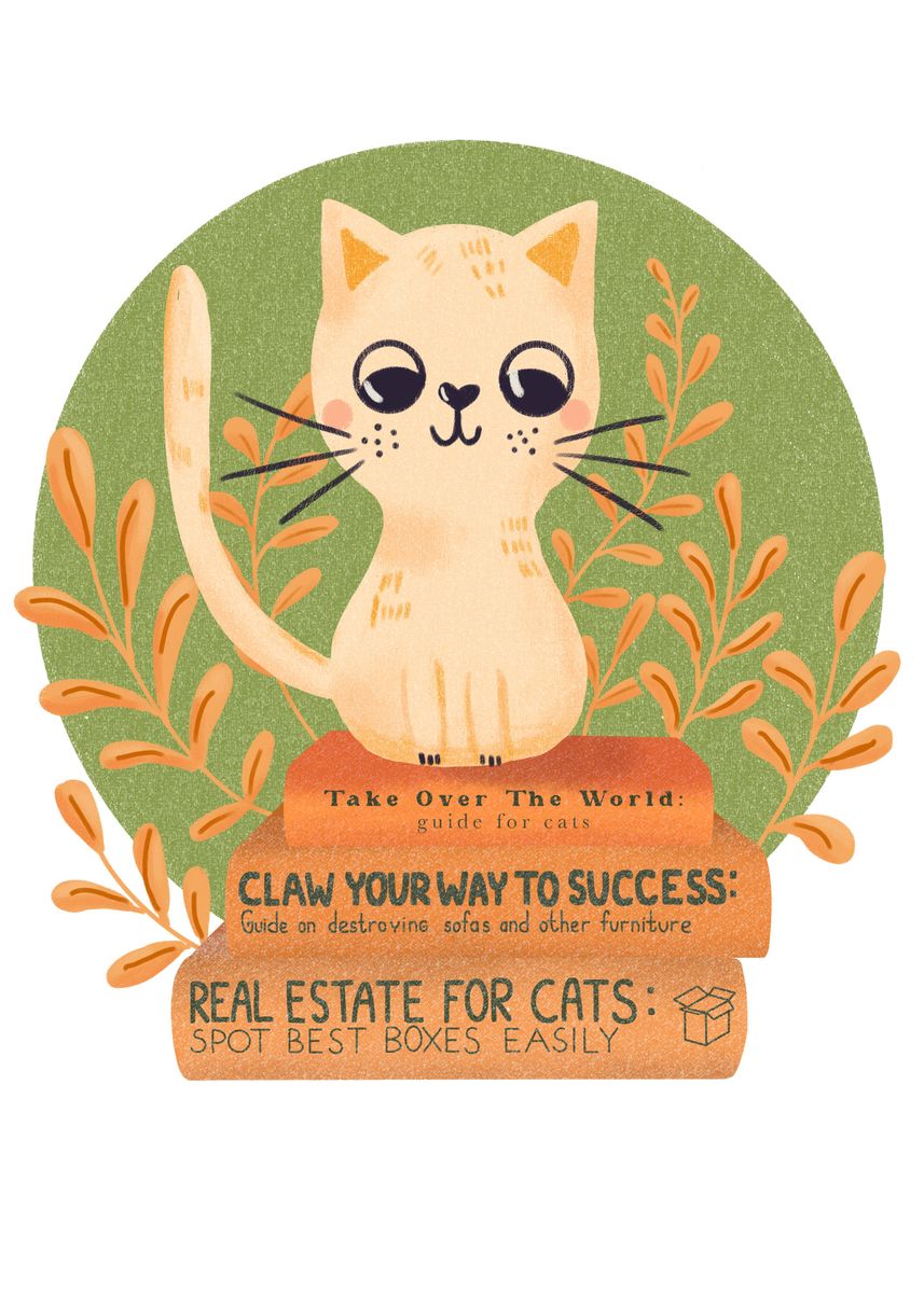 'Cat on top of funny books' Poster, picture, metal print, paint by ...