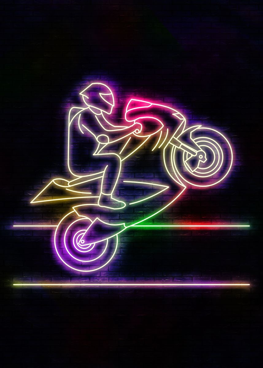 'neon motor biker standing' Poster, picture, metal print, paint by Izmo ...