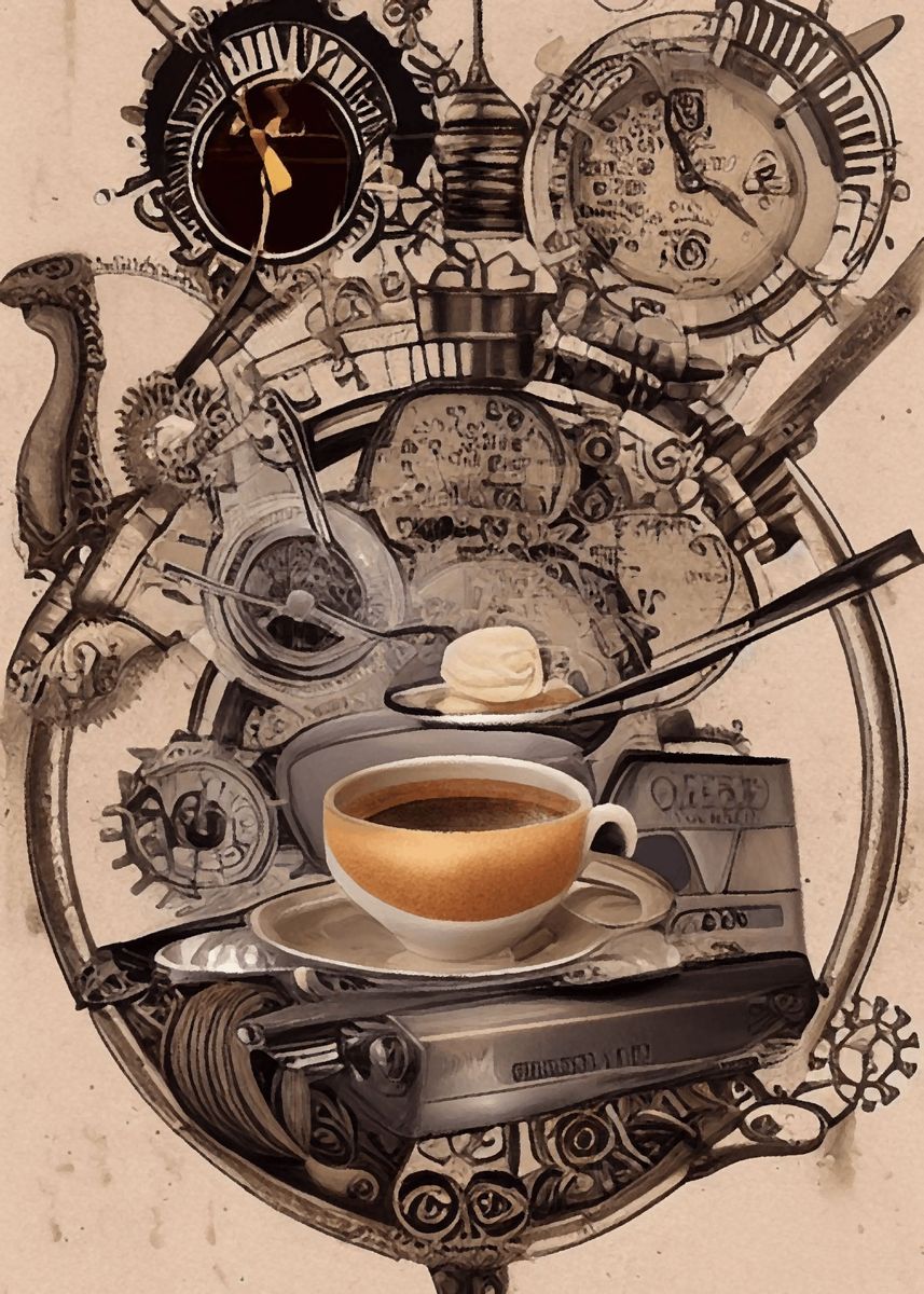 'Steampunk Mystic Coffee' Poster, picture, metal print, paint by ...