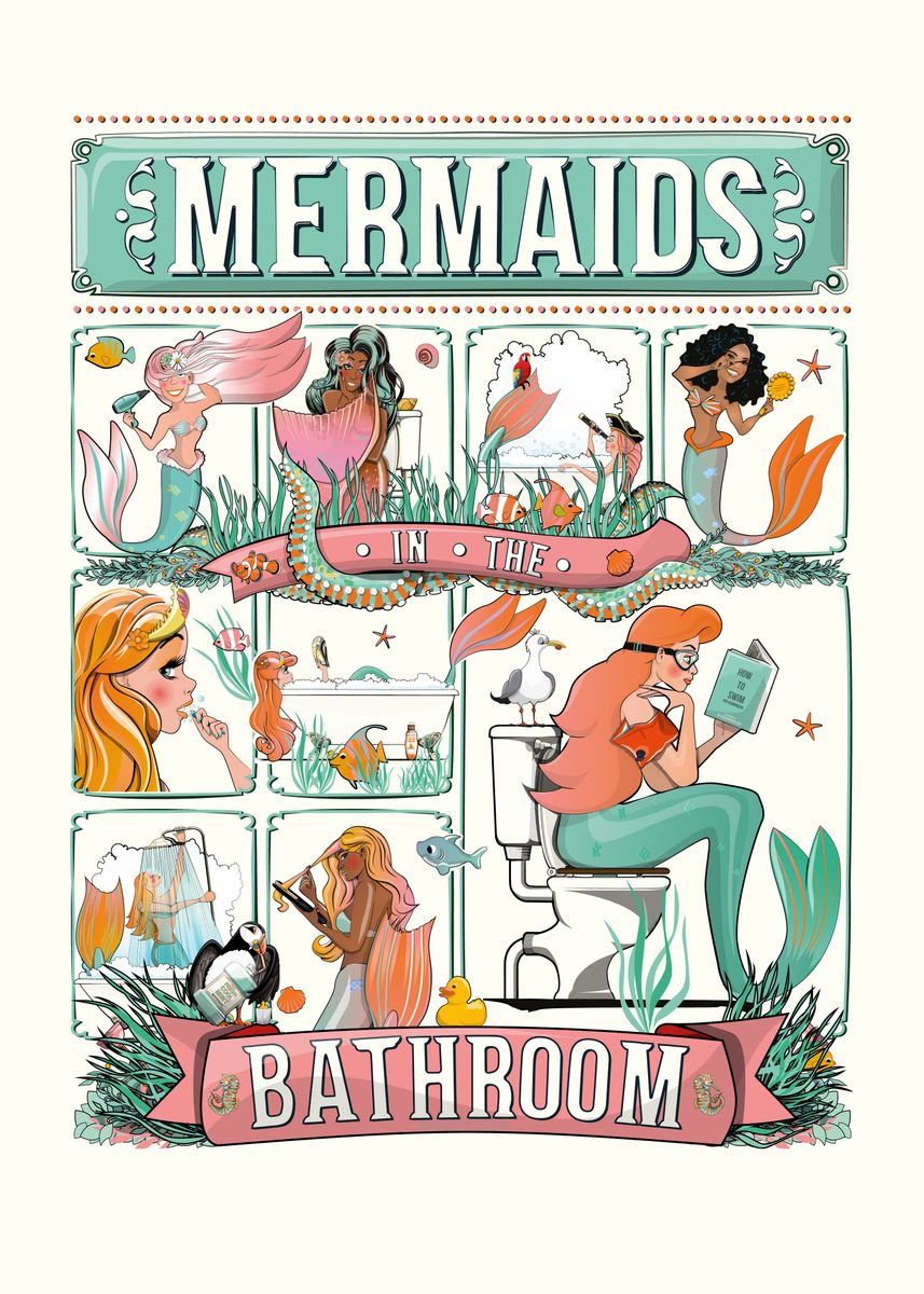 'Mermaids using the Toilet' Poster, picture, metal print, paint by ...