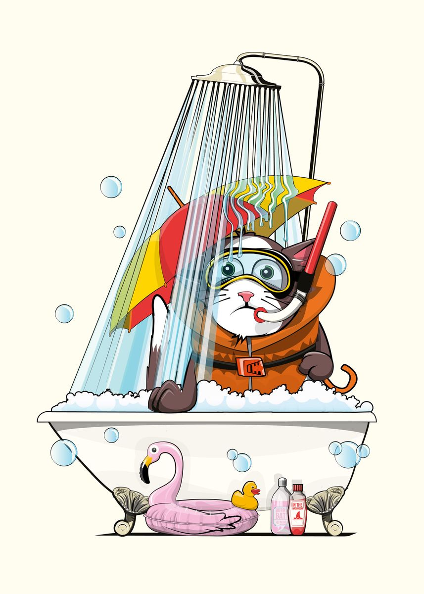 'Cat in the Shower' Poster, picture, metal print, paint by ...