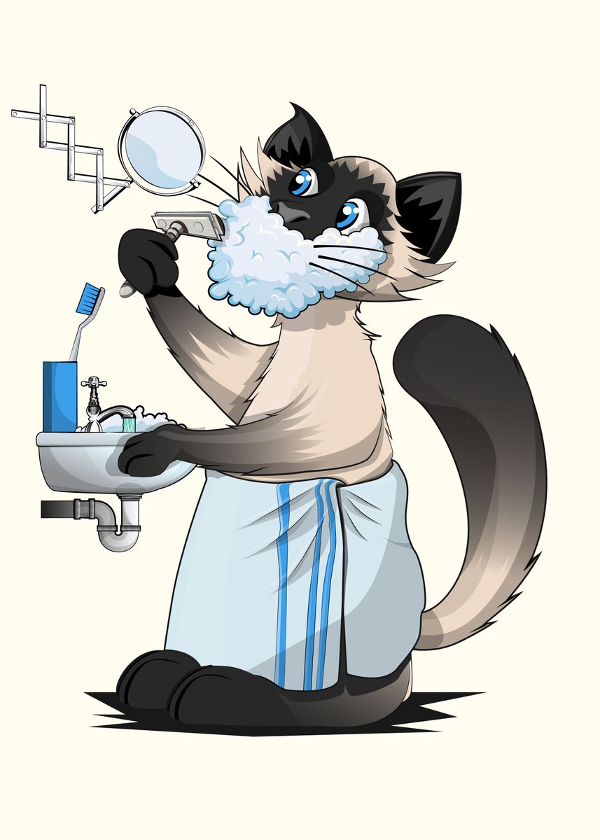 'Cat shaving in bathroom' Poster, picture, metal print, paint by ...
