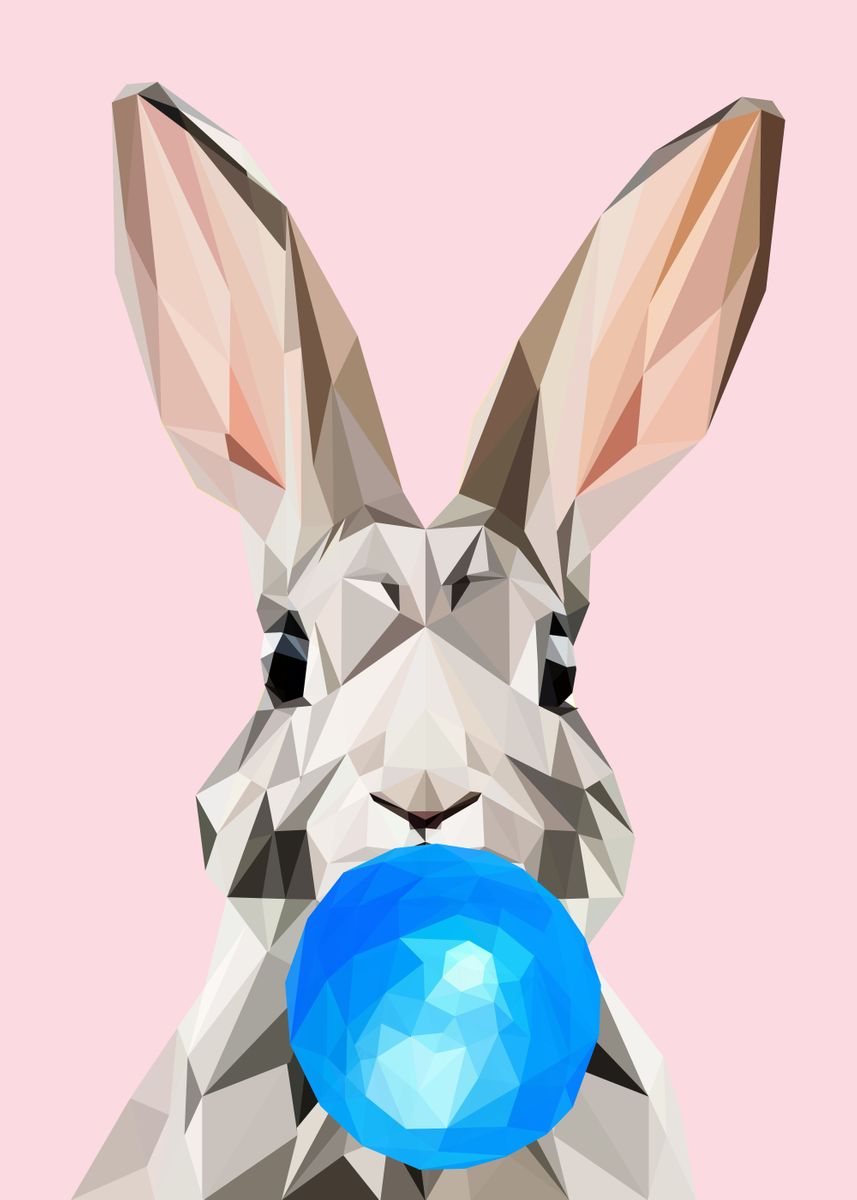 'Cute rabbit bubble gum ' Poster, picture, metal print, paint by ...