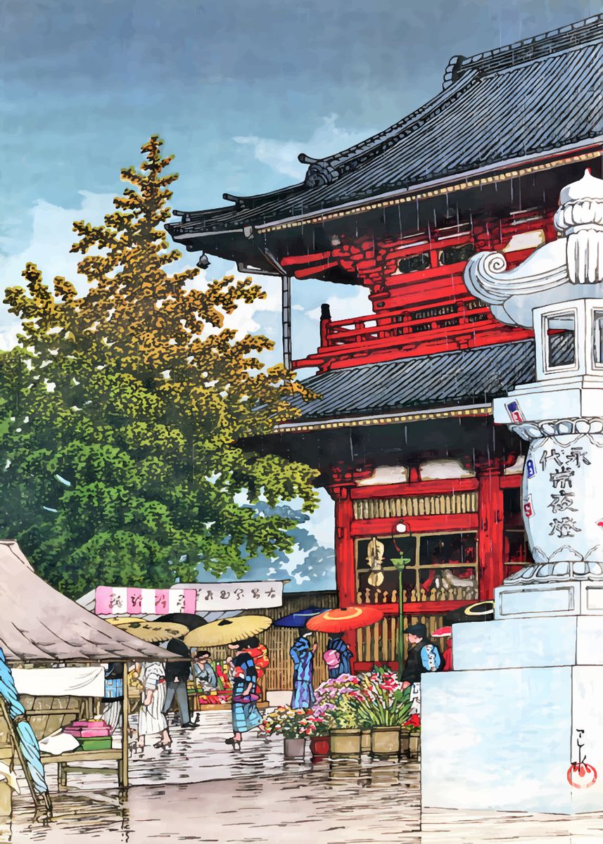'Asakusa Morning Rain' Poster, picture, metal print, paint by kagezami | Displate