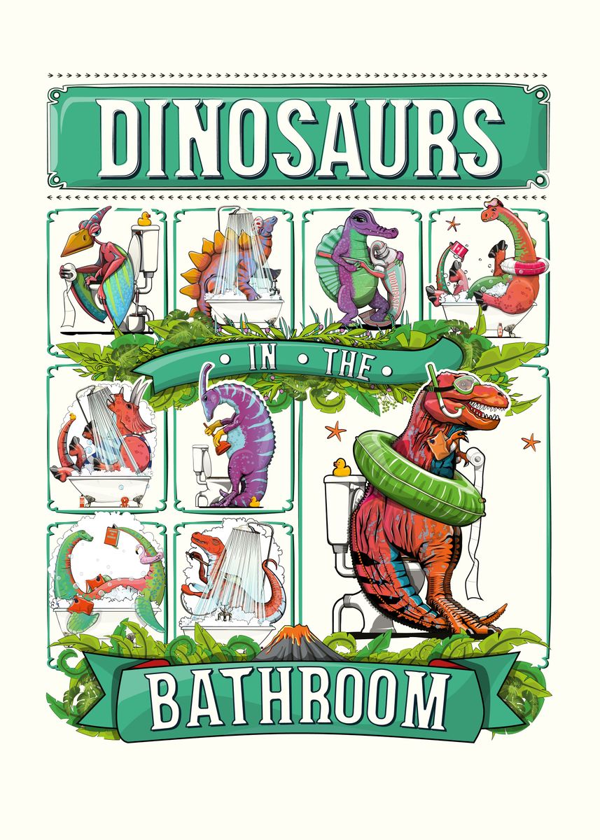 'Dinosaurs using Bathroom' Poster, picture, metal print, paint by ...