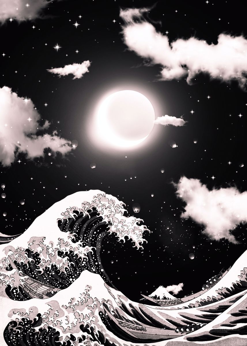 'Great Wave Kanagawa Moon' Poster, picture, metal print, paint by Gen Z ...
