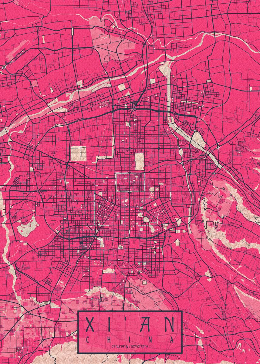 'Xian City Map Blossom' Poster by deMAP Studio | Displate