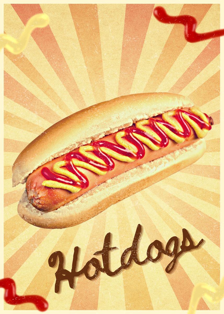 'Retro Hotdogs Poster' Poster, picture, metal print, paint by Liyana Lowela Chua | Displate