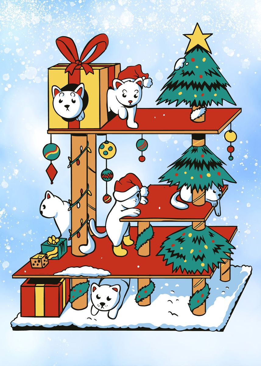 'Christmas Tree with Cats' Poster, picture, metal print, paint by Max ...