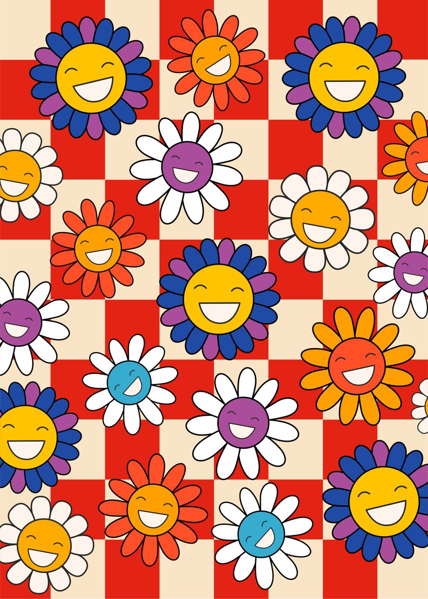 'Groovy Red Check Floral' Poster by EDM Project | Displate