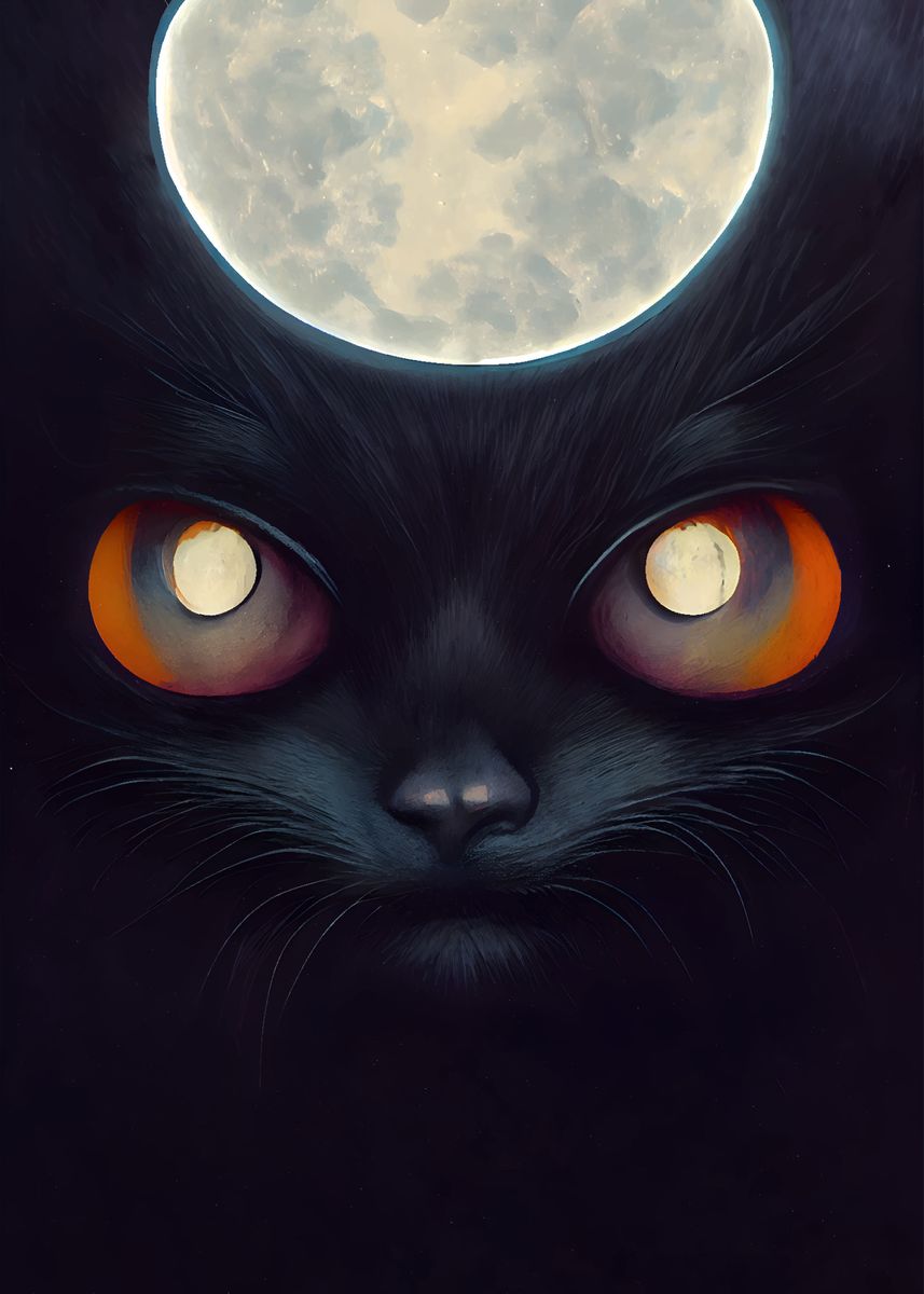 'Cat gaze under the Moon' Poster, picture, metal print, paint by ...
