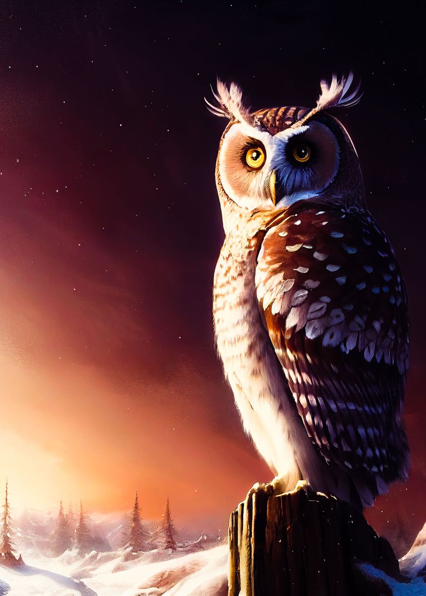 'Animal Owl Sunset' Poster, picture, metal print, paint by Mitoka ...
