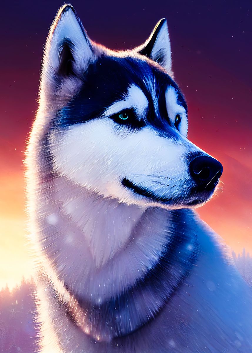 'Animal Husky Sunset' Poster, picture, metal print, paint by Mitoka ...