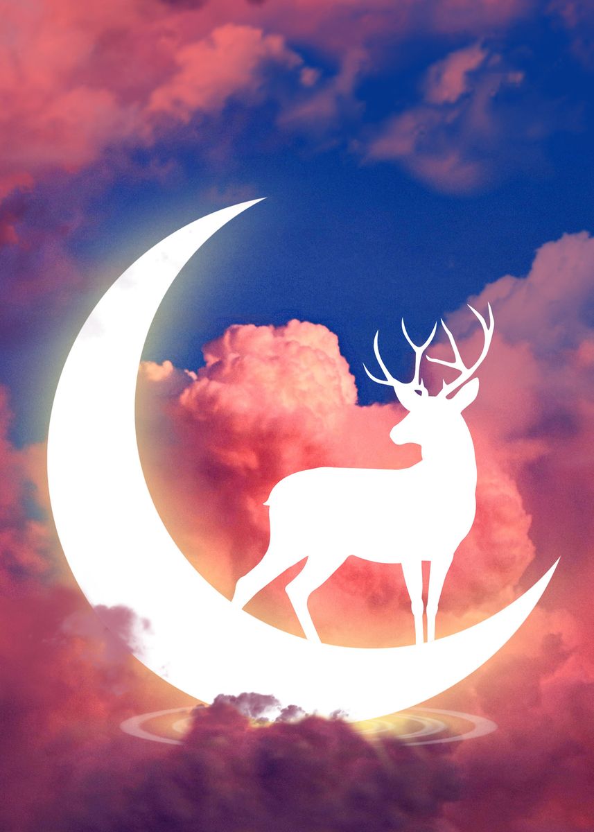 'Moon Deer' Poster, picture, metal print, paint by David Loblaw | Displate