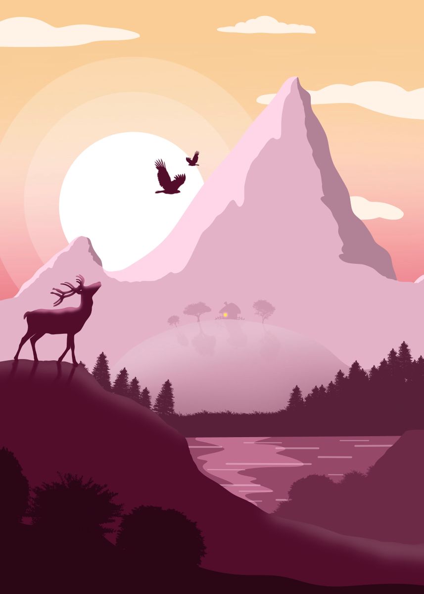 'Stag sun set Christmas ' Poster, picture, metal print, paint by Aiden ...