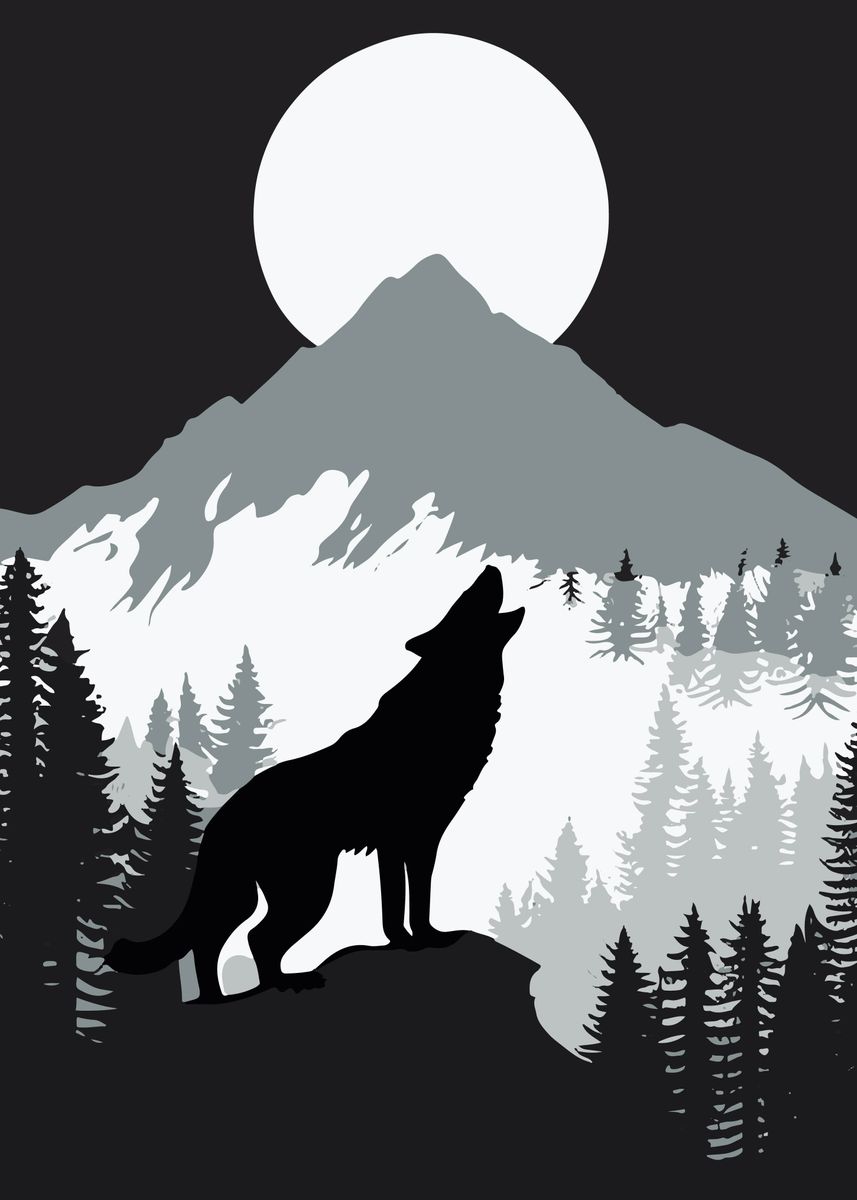 'Wolf Howling Mountain Tree' Poster, picture, metal print, paint by ...