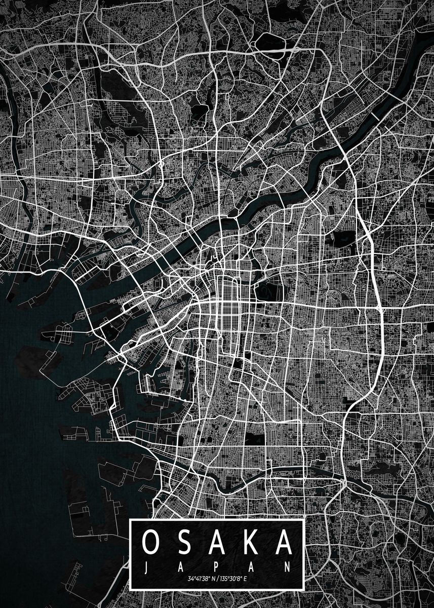 'Osaka City Map Japan Dark' Poster, picture, metal print, paint by ...
