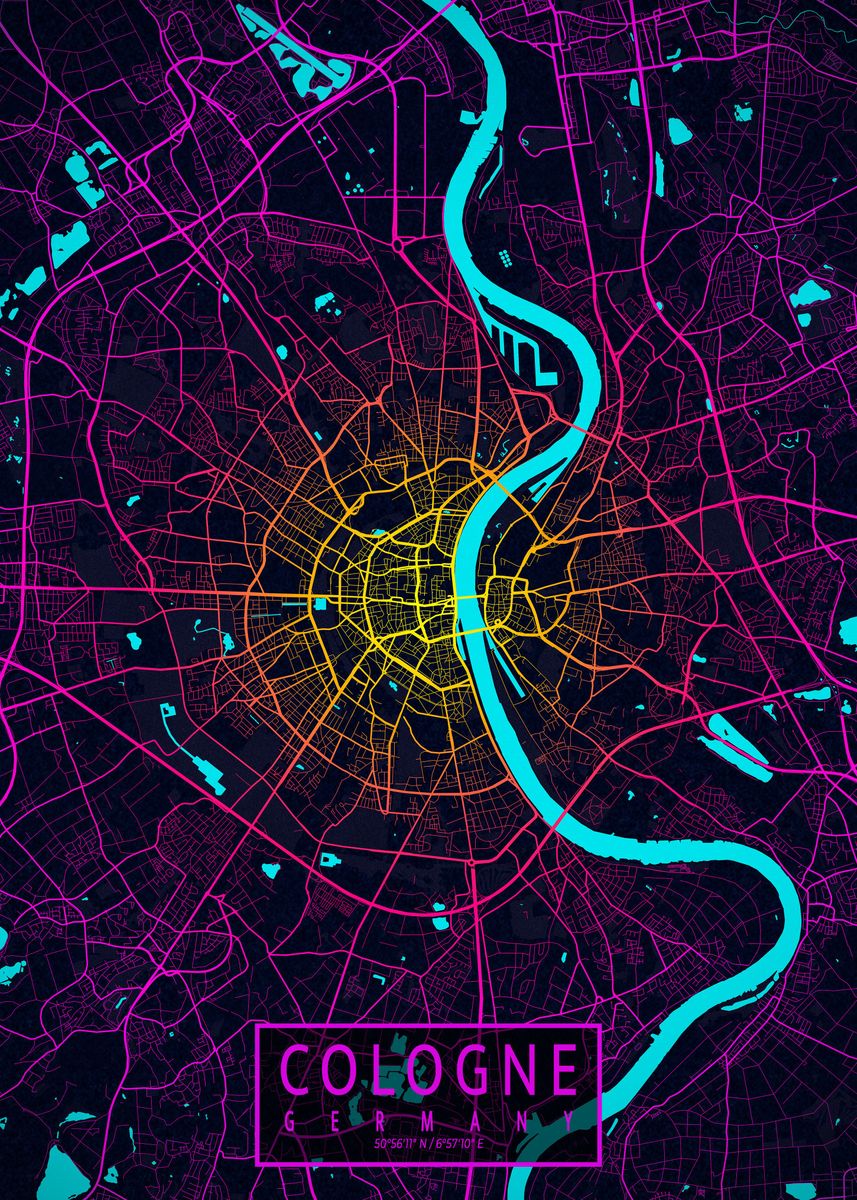 'Cologne City Map Neon' Poster, picture, metal print, paint by deMAP ...