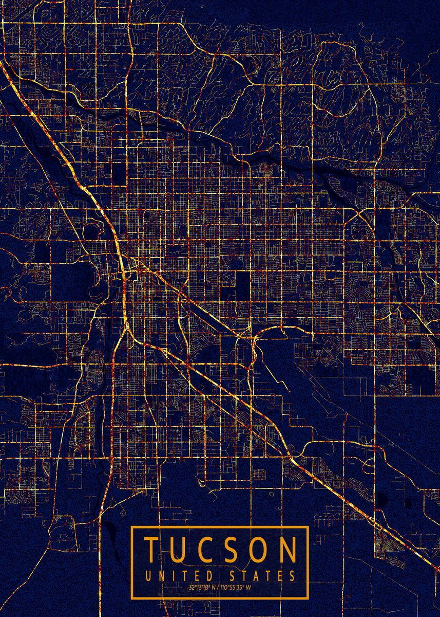 'Tucson Map City At Night' Poster, picture, metal print, paint by deMAP ...