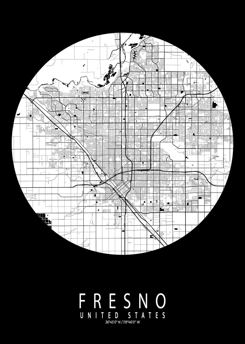 'Fresno City Map Full Moon' Poster, picture, metal print, paint by deMAP Studio | Displate
