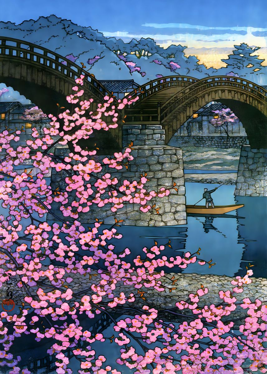 'Kintai Bridge Night Spring' Poster, picture, metal print, paint by ...
