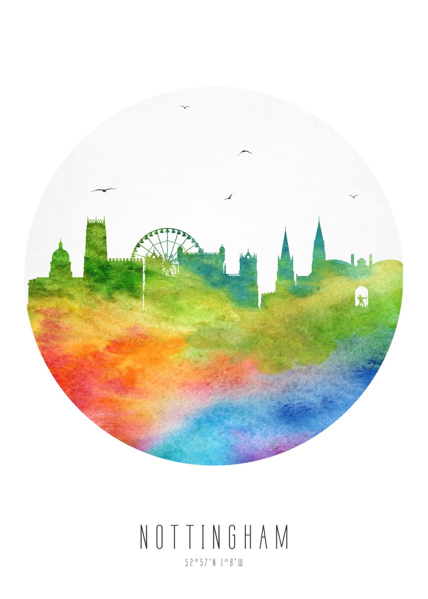 'Nottingham England Skyline' Poster, picture, metal print, paint by ...