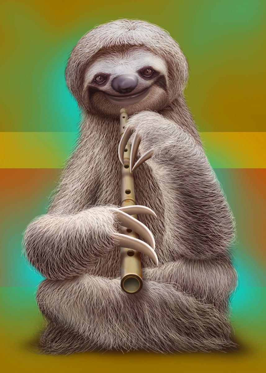'SLOTH PLAYING FLUTE' Poster, picture, metal print, paint by Adam ...