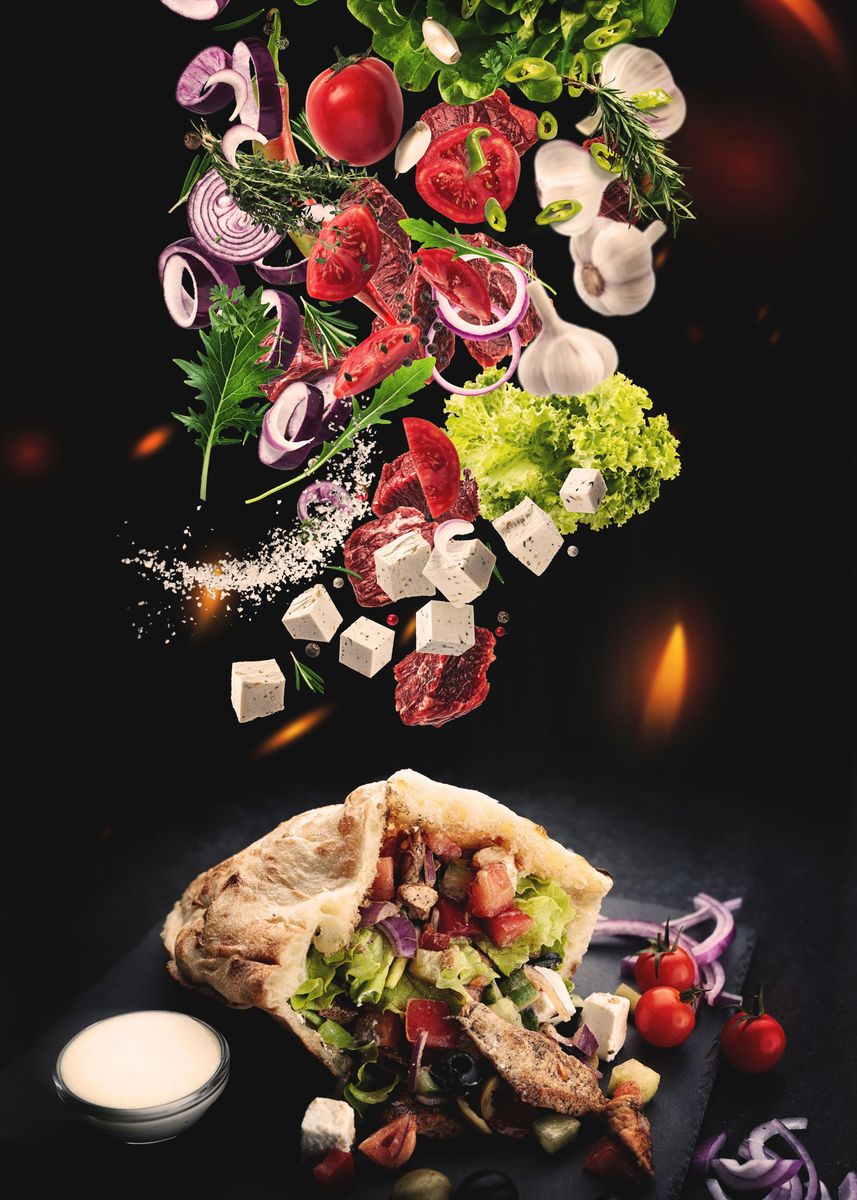 'Tasty kebab flying food' Poster, picture, metal print, paint by Stefan ...
