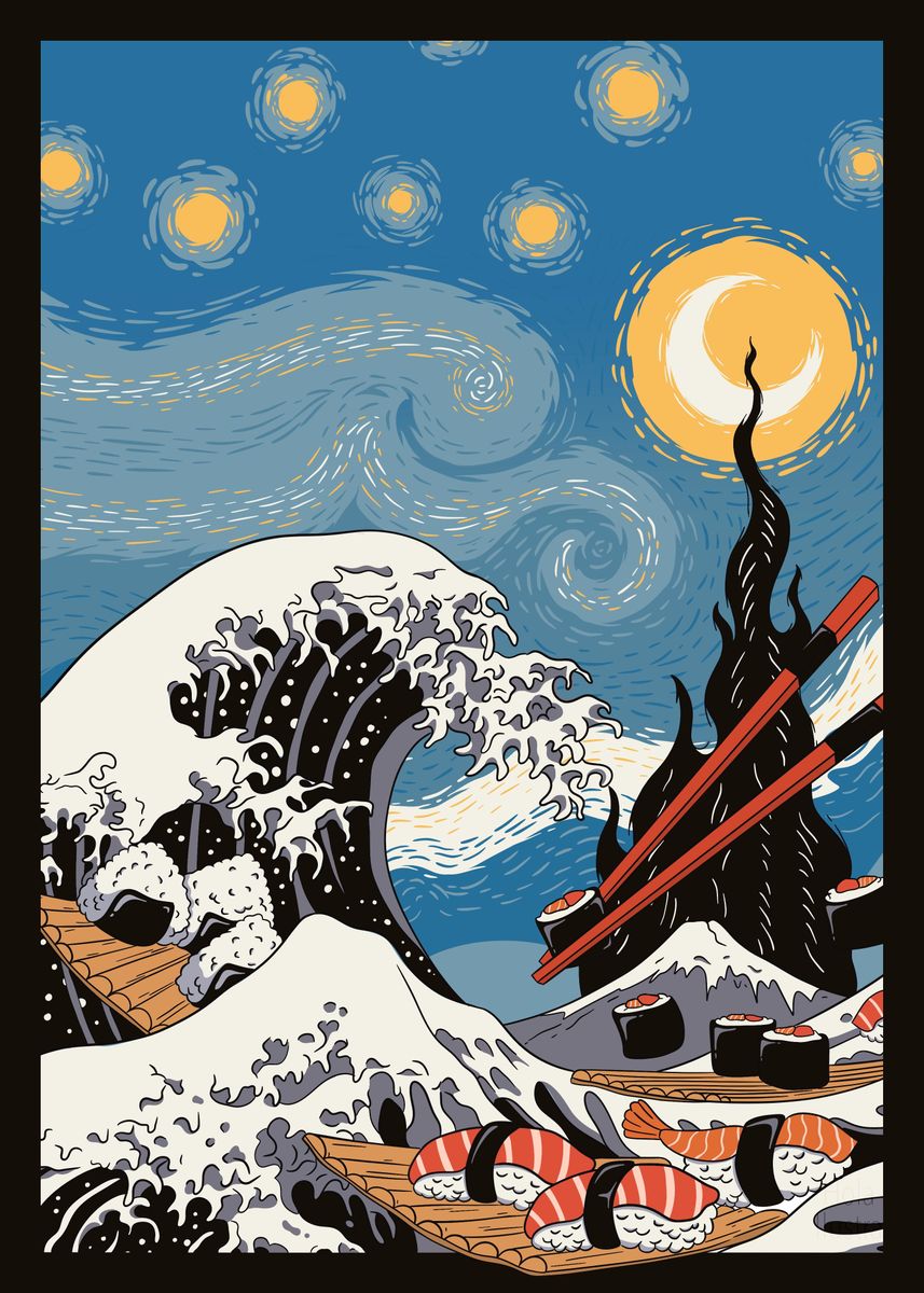 'Starry Night with Sushi' Poster, picture, metal print, paint by ...