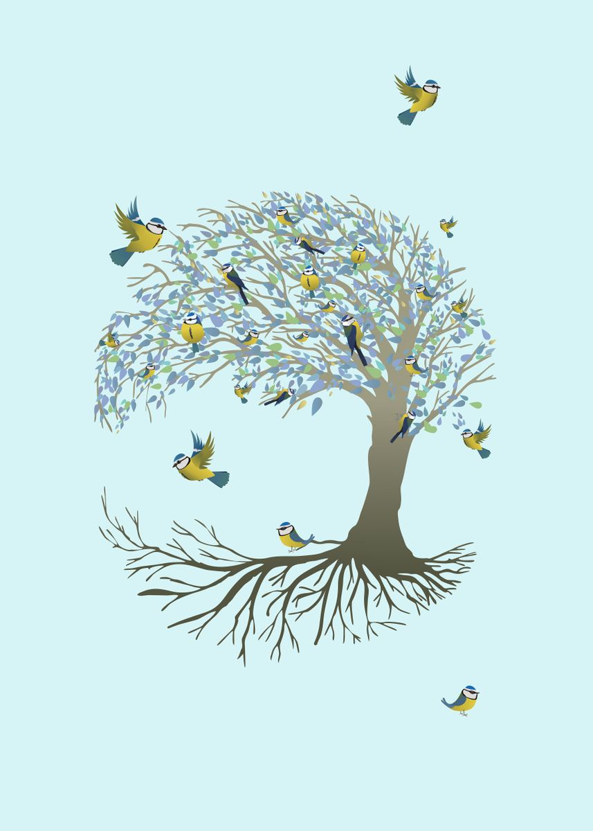 'Tree of life bluetit birds' Poster, picture, metal print, paint by ...