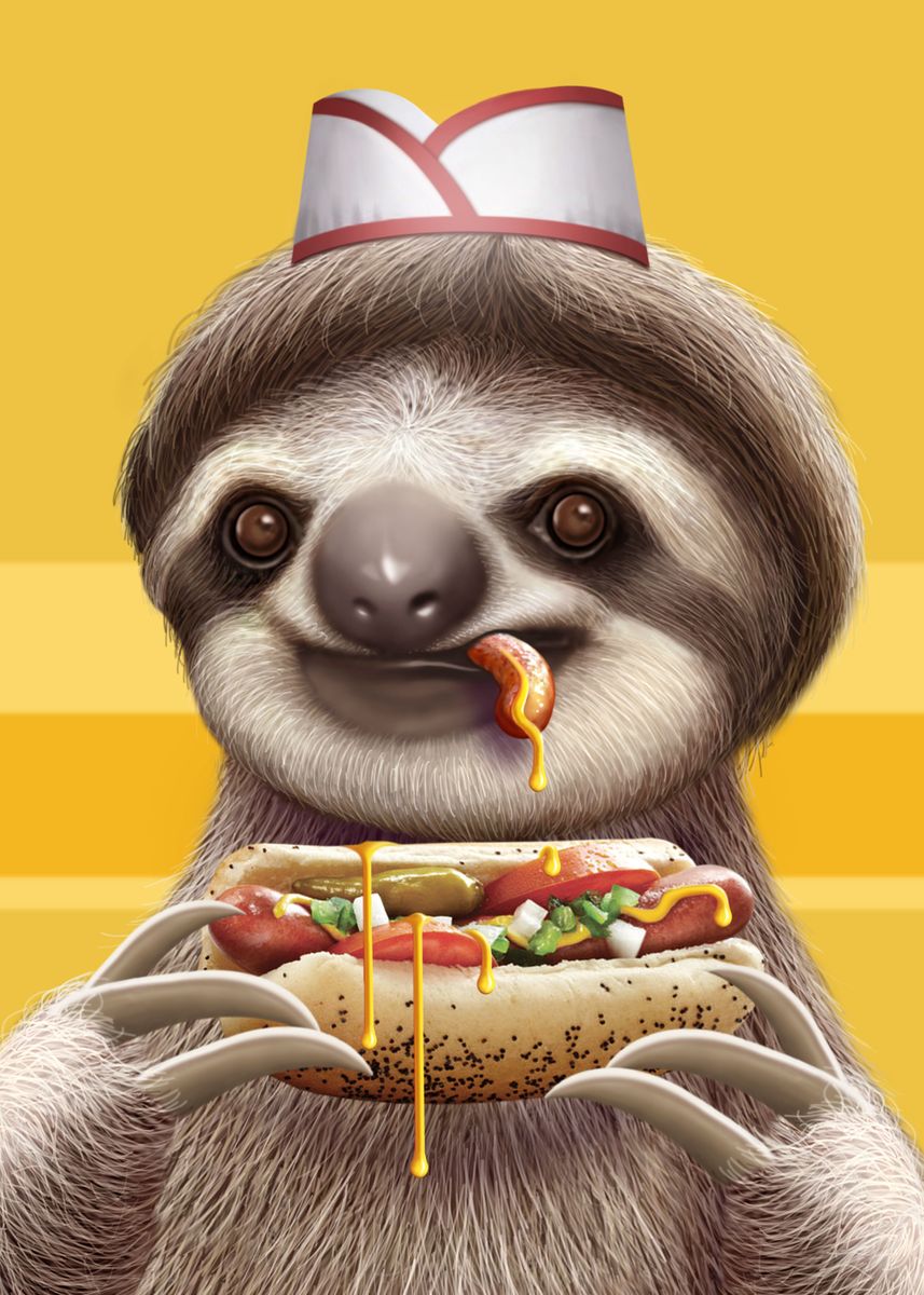'SLOTH SELLING HOTDOGS' Poster, picture, metal print, paint by Adam ...