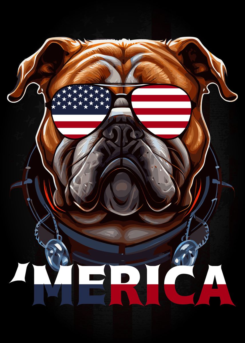 'Bulldog USA Flag Glasses' Poster, picture, metal print, paint by ...