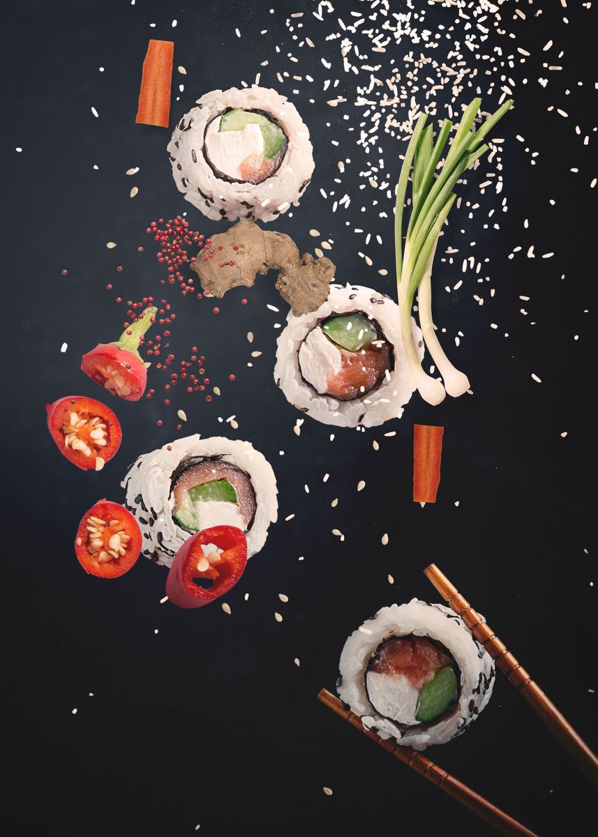 'Flying Sushi Rolls' Poster by Stefan Merz | Displate