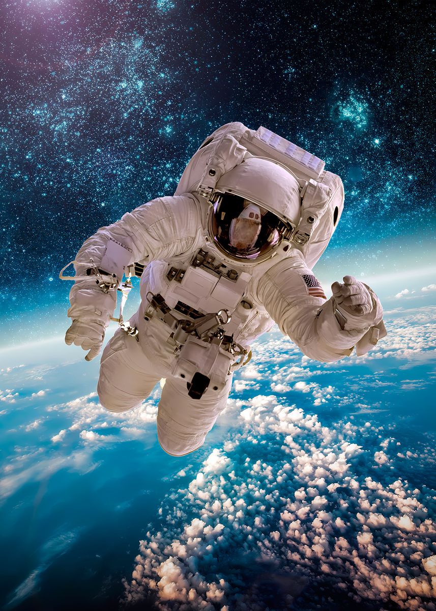 'Astronaut Flying On Earth' Poster, picture, metal print, paint by ...