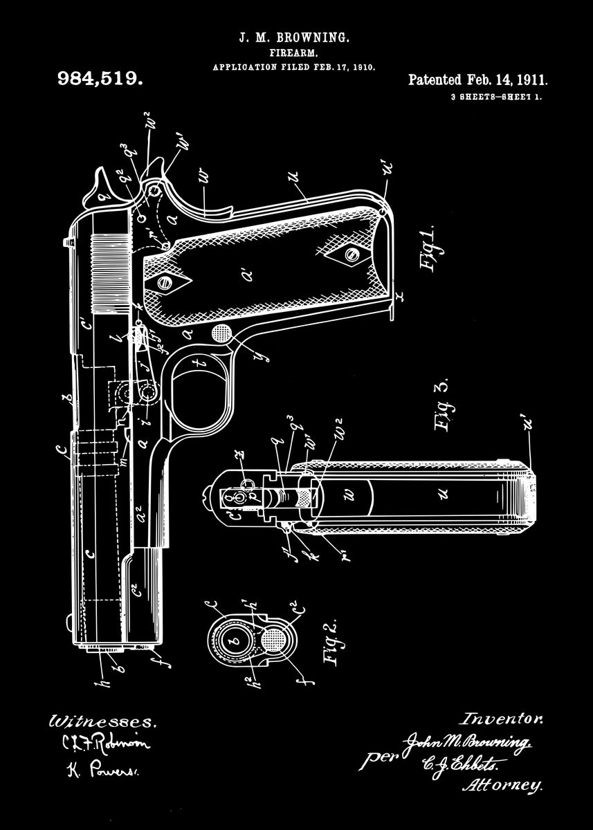 'Firearm patent 1911' Poster, picture, metal print, paint by RelDesign ...