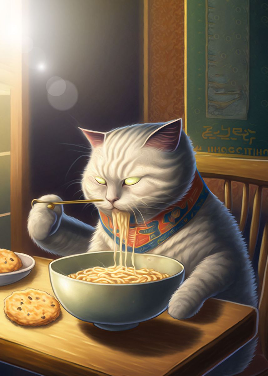 'Funny Cat Eating Ramen' Poster, picture, metal print, paint by Super ...