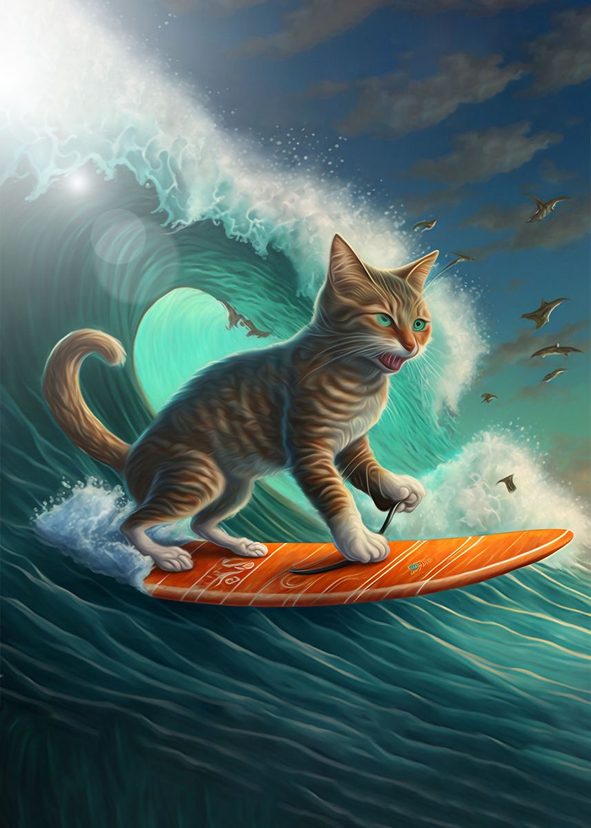'Funny Cat Surfing' Poster, picture, metal print, paint by Super Anima ...