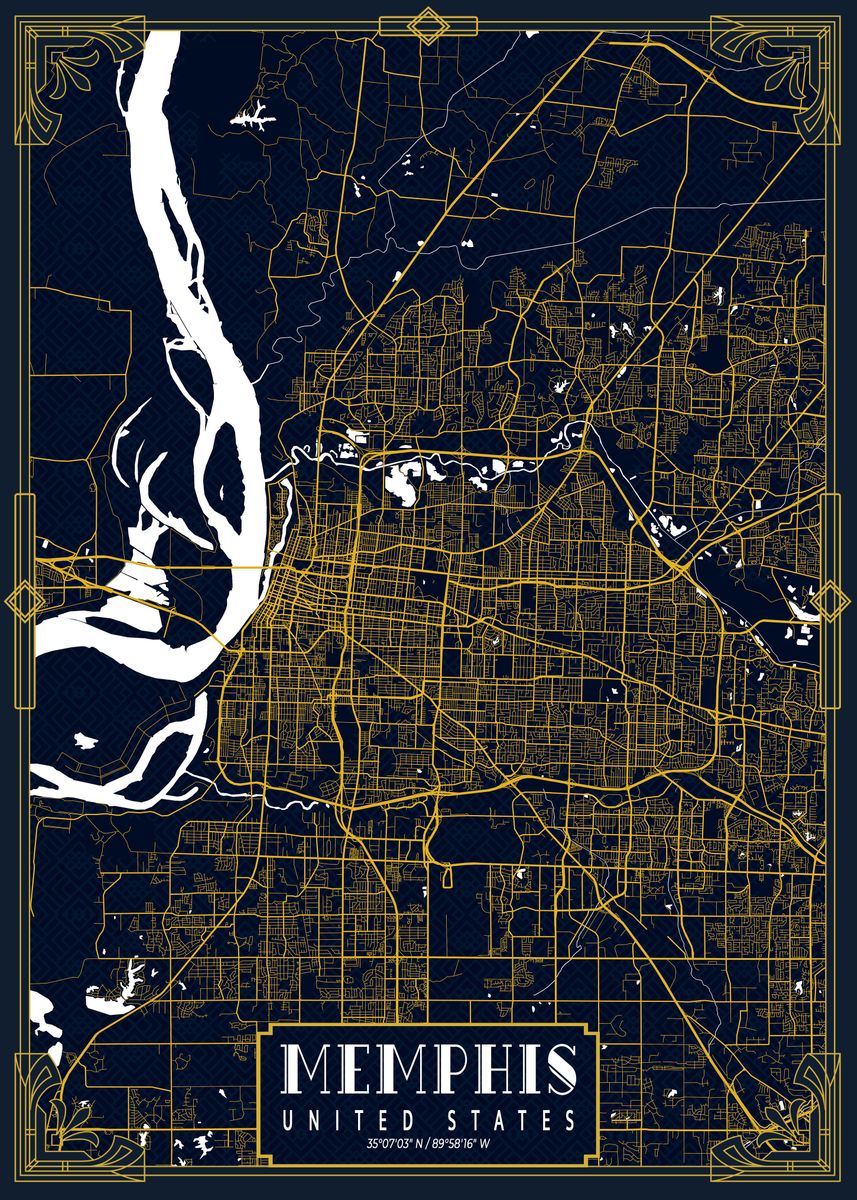 'Memphis City Map Gold' Poster, picture, metal print, paint by deMAP ...